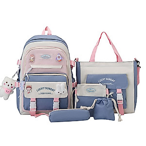 MWZING 5 Piece Backpack Set kawaii Backpack with Cute Bear Doll and Pins Canvas Backpack Large Capacity Aesthetic Shoulder bag