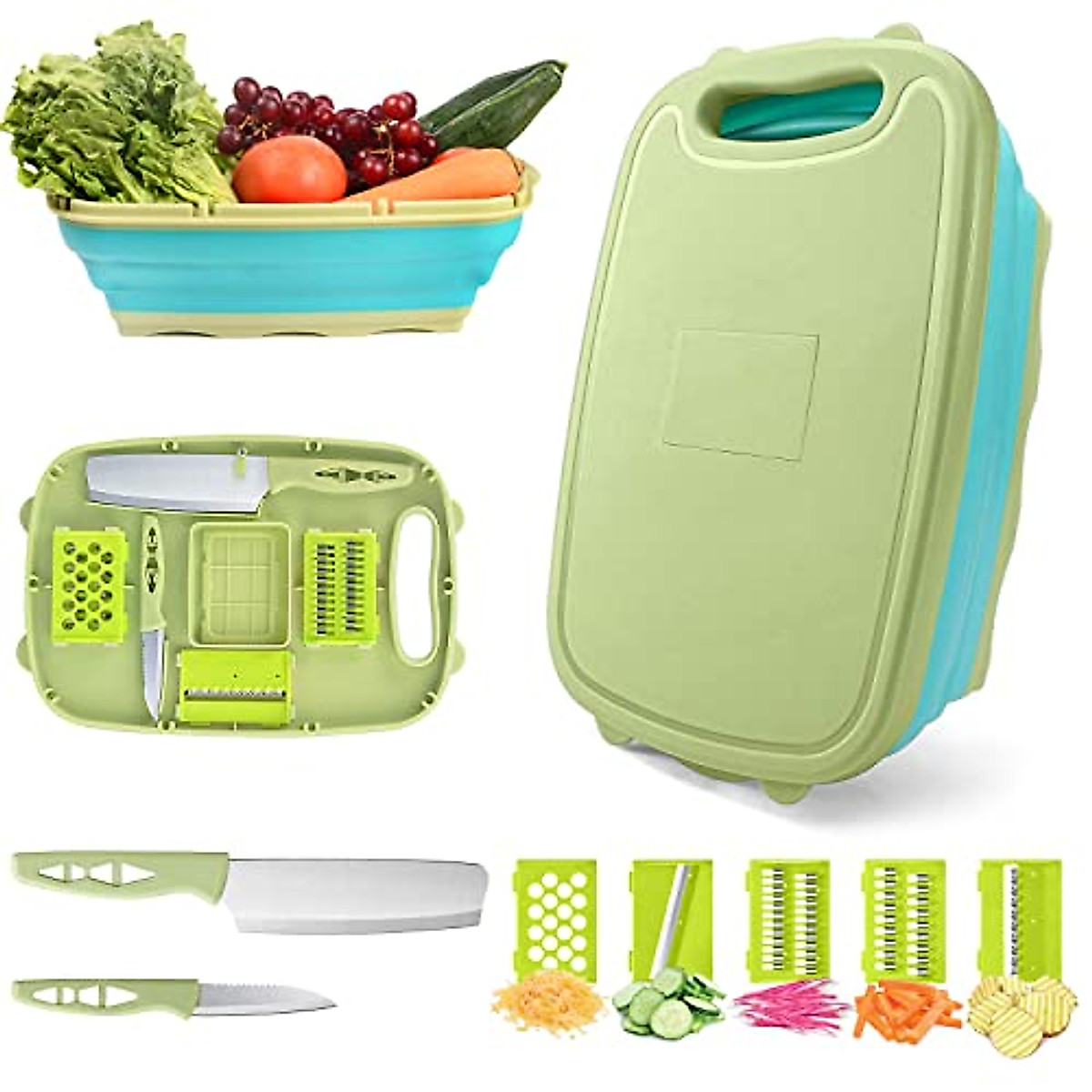 Collapsible Cutting Board, HI NINGER Foldable Chopping Board with Colander, 9-In-1 Multi Chopping Board Kitchen Vegetable Washing Basket Silicone Dish Tub for Camping, Picnic, BBQ, Kitchen-Green
