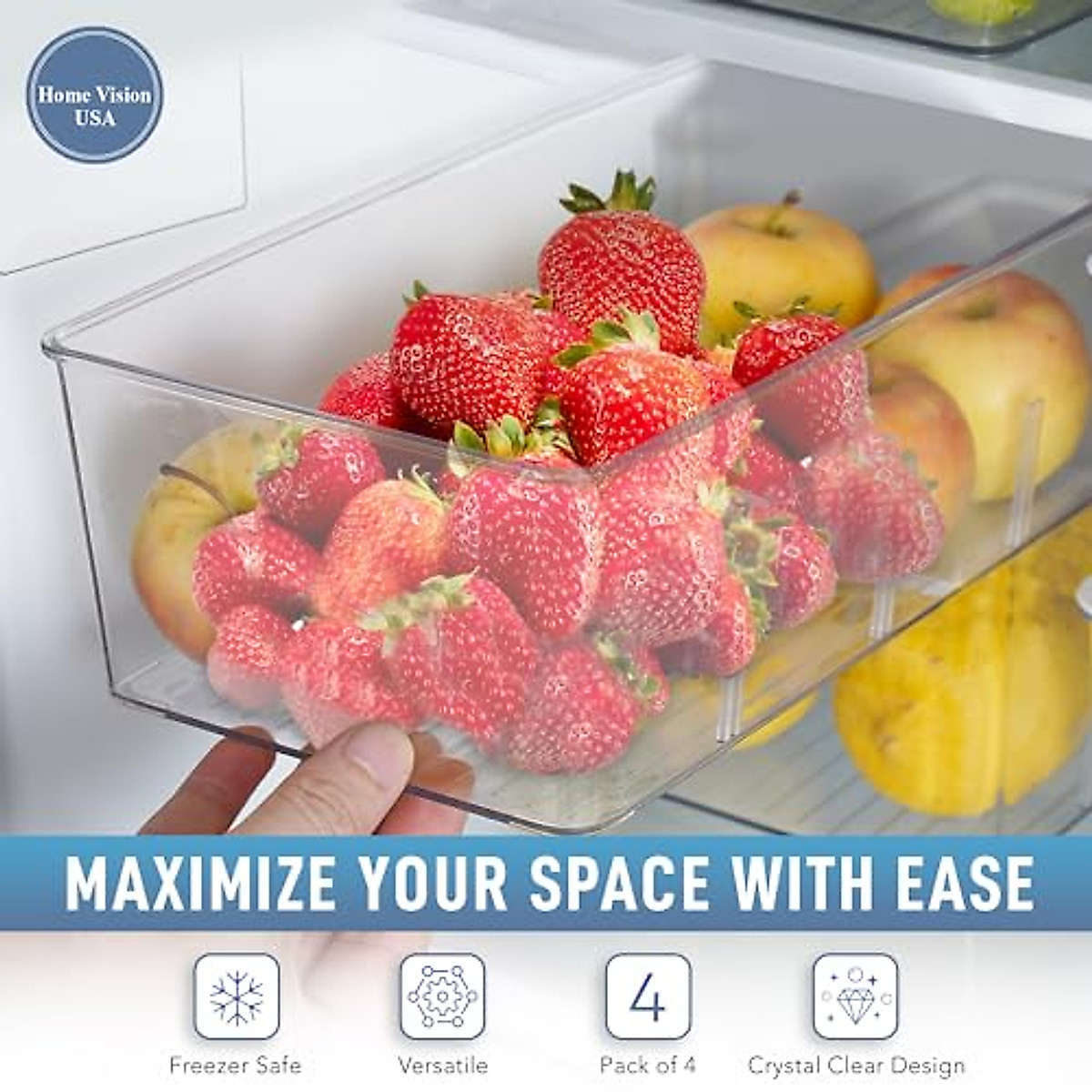 4 Pack Pantry Organizers and Storage Bins with Removable Dividers - Stackable Clear Storage Bins Plastic - Multipurpose Refrigerator Organizers and Storage for Kitchen & Storage Cabinets