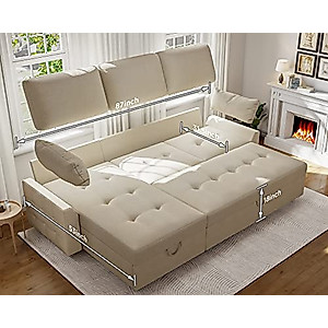 PaPaJet Pull Out Sofa Bed, Modern Tufted Convertible Sleeper Sofa, L Shaped Couch with Storage Chaise, Chenille Sectional Bed for Living Room (Beige)