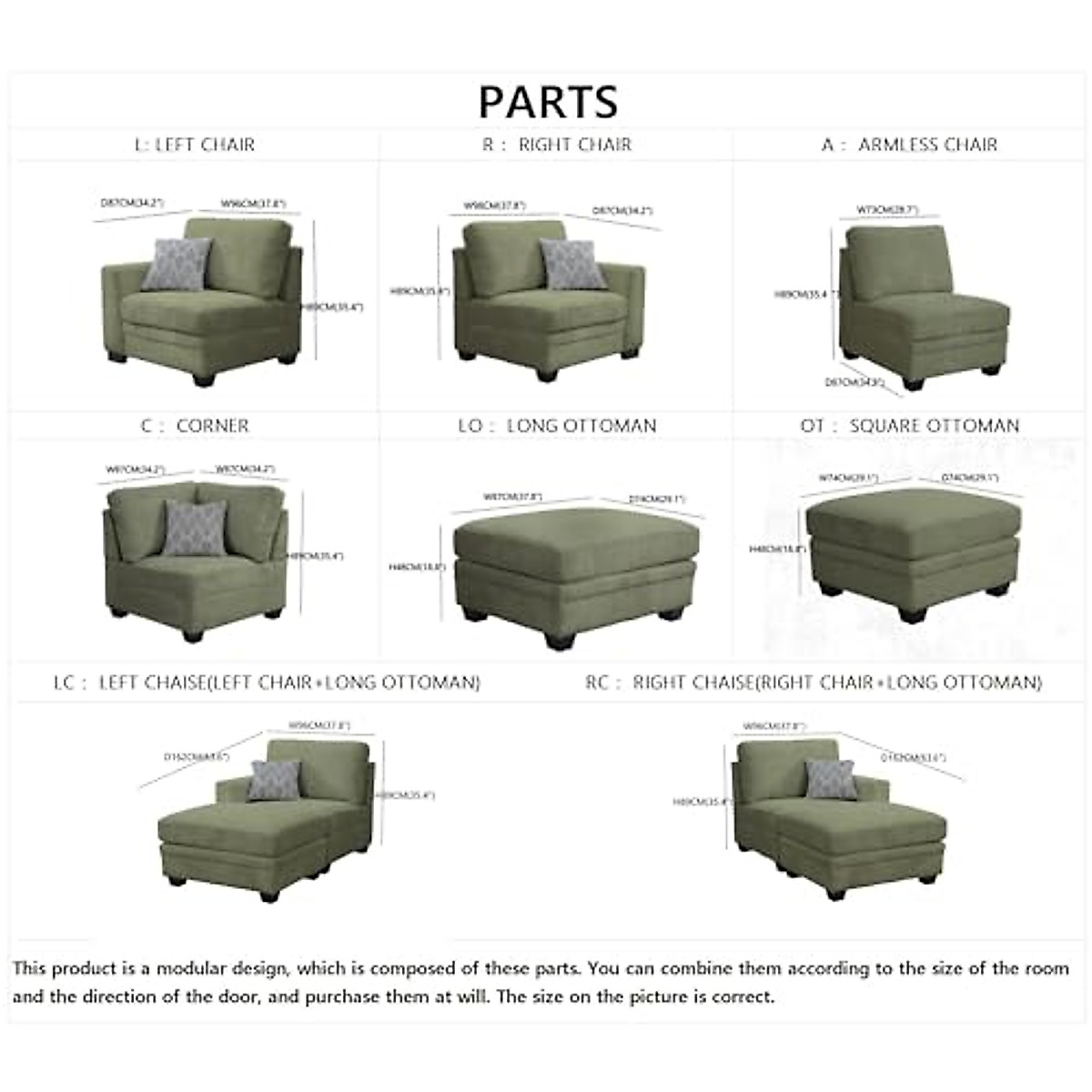 Legend Vansen 7PCS Corduroy Flexible Combination Sofa Sectional, Olive