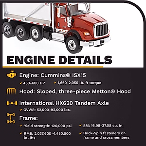Diecast Masters International HX620 Tandem Dump Truck with Pusher Axle + Ox Bodies Stampede Dump Cab | 1:50 Scale Model Semi Trucks | Red Diecast Model by Diecast Masters 71076