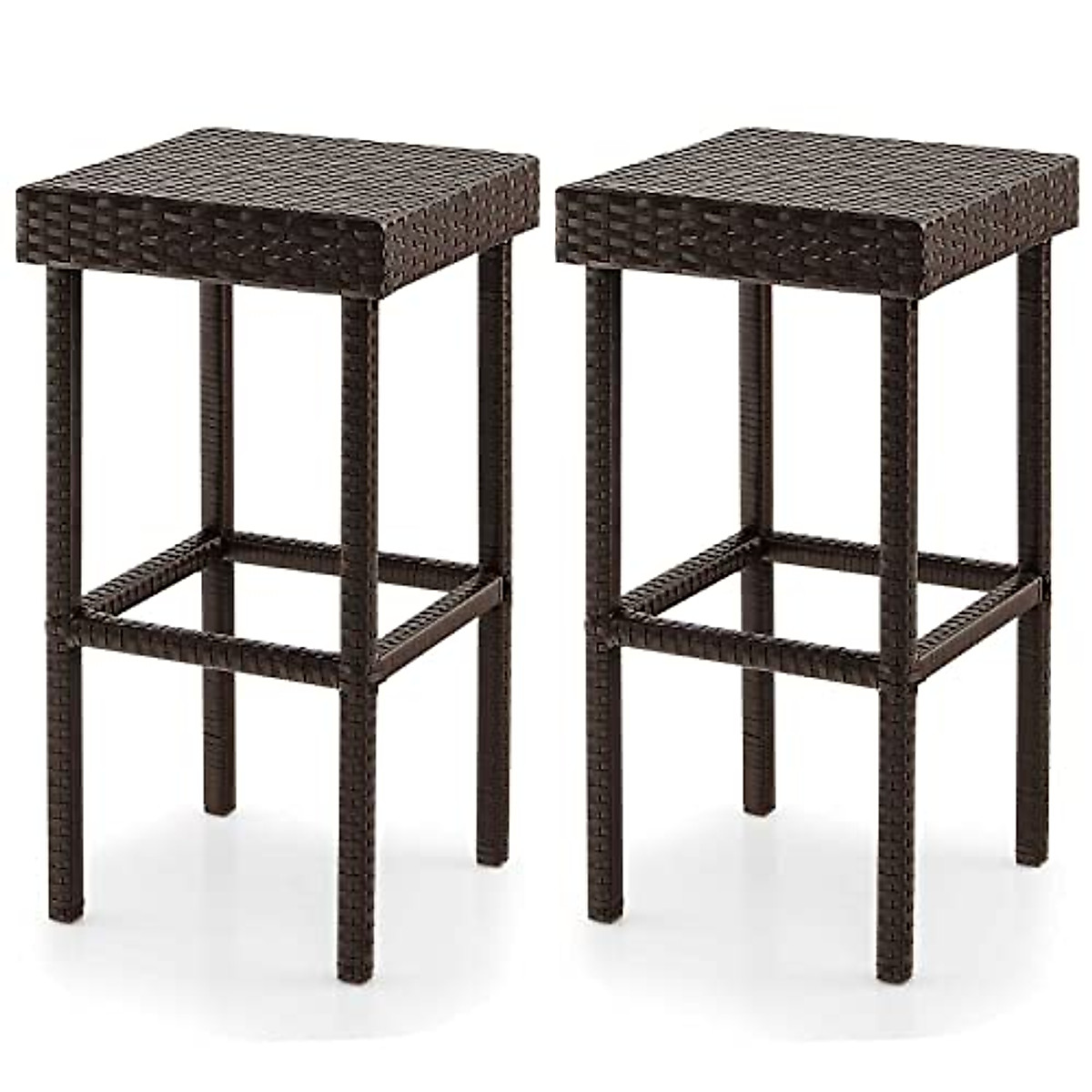 Tangkula Outdoor Bar Stool Set of 2, Patio Rattan Bar Chairs W/Galvanized Steel Frame, Anti-Slip Footpads & Cozy Footrests, Bar Height Chairs for Poolside, Outdoor Bar, Backyard (1, Mix Brown)