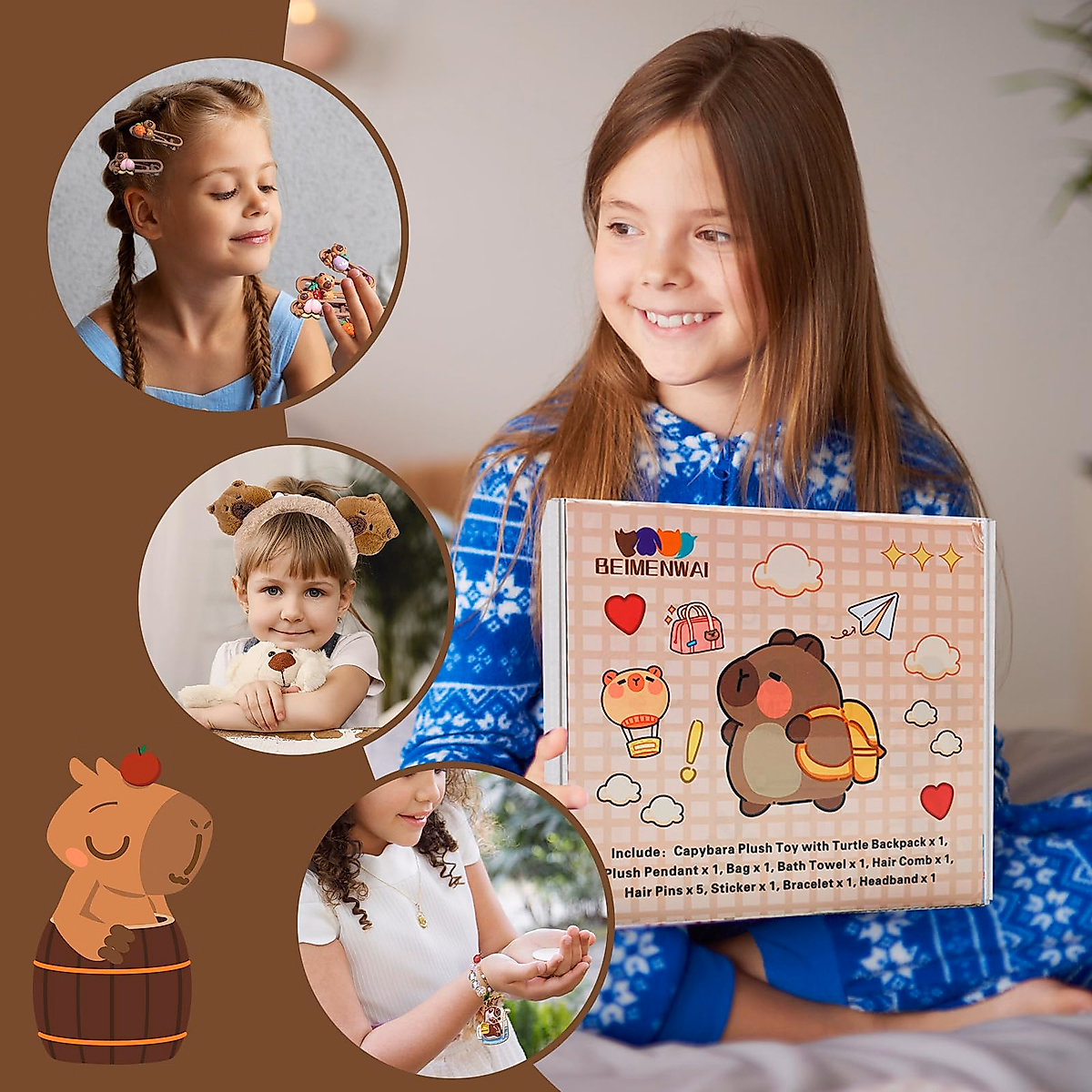 BEIMENWAI Capybara Plush Gifts for Girls 4 5 6 7 8 9 10+ Years Old, Kids Cute Capybara Toys with Stuffed Animal/Keychain/Bag/Bath Towel/Hair Pins/Bracelet/Headband, Christmas Birthday Plush Toys Set