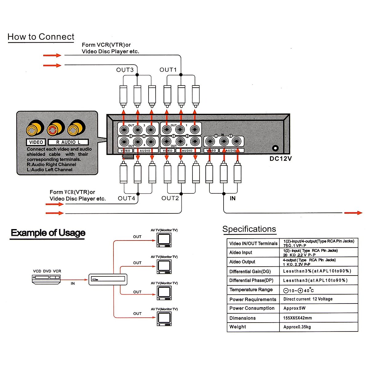 HONONJO AV SWITCHER 4 Way Converter Video Audio Selector for TV with Remote Control Video Switch Box （Electrical Volts: 110V）