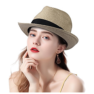 DressVoguer Straw Fedora Hat for Women Men Short Brim Panama Hat Roll Up Trilby Summer Beach Sun Hat UPF 50+ Beige