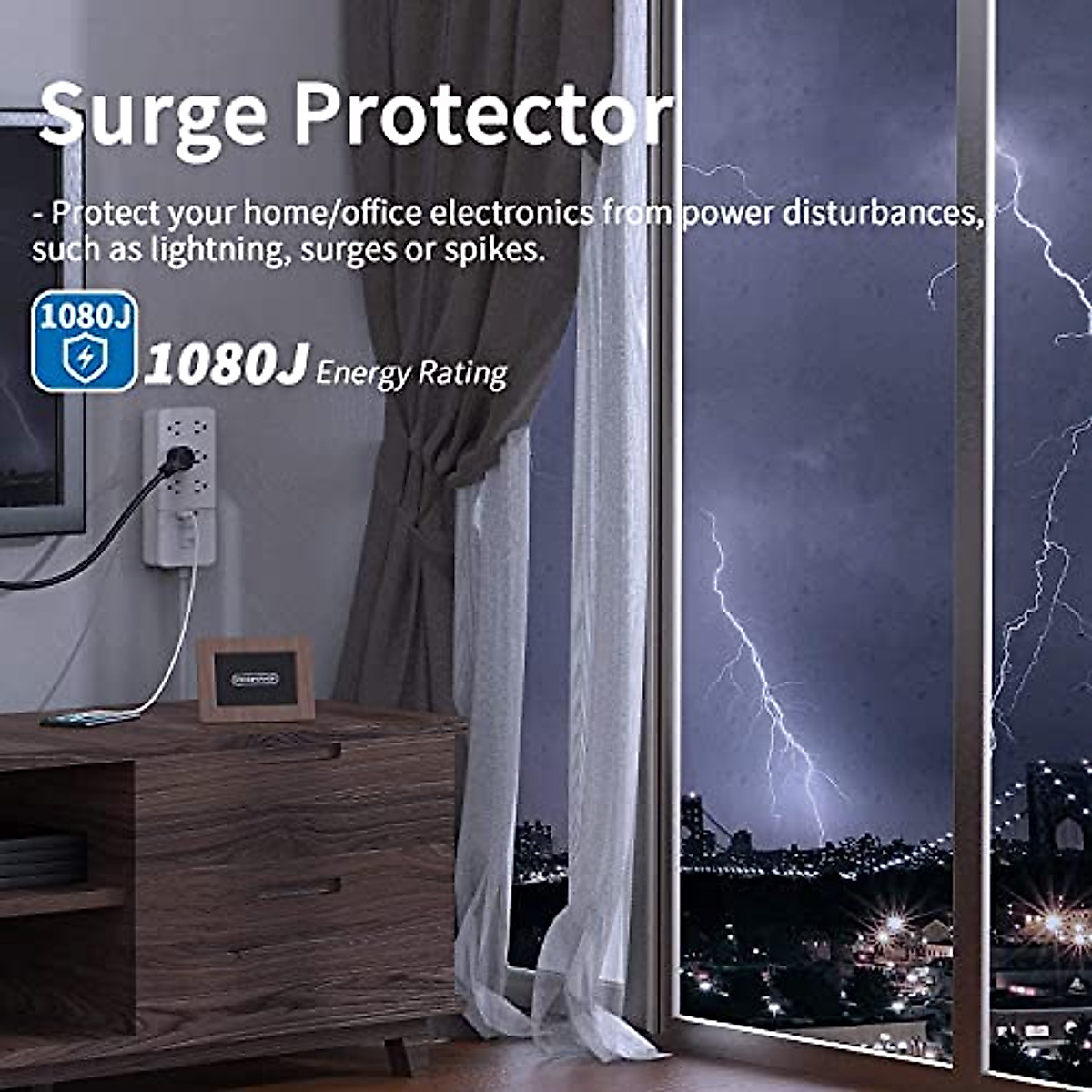 NTONPOWER 25 Ft Extension Cord Flat Plug, Surge Protector Power Strip with 6 Outlets 2 USB, 1875W/15A Circuit Breaker Overload Protection, 1080J, ETL Listed, Wall Mount for Home Office and Workbench
