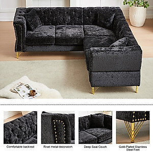 82" Oversize Chenille L-Shaped Corner Sofa,5-Seater Nailhead Trim Sectional Chesterfield Couch with 3 Cushions for Living Room, Bedroom (Black)
