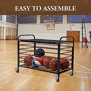 MyGift Professional Black Metal Rolling Sports Ball Storage Cart with Lid