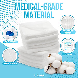 JJ CARE Sterile Gauze Pads 4" x 4" (Pack of 100), 12-Ply Cotton Gauze Pads, Individually-Wrapped Sterile Gauze Sponges, 100% Woven, Non-Stick Medical Gauze Pads for First Aid Kit & Wound Care