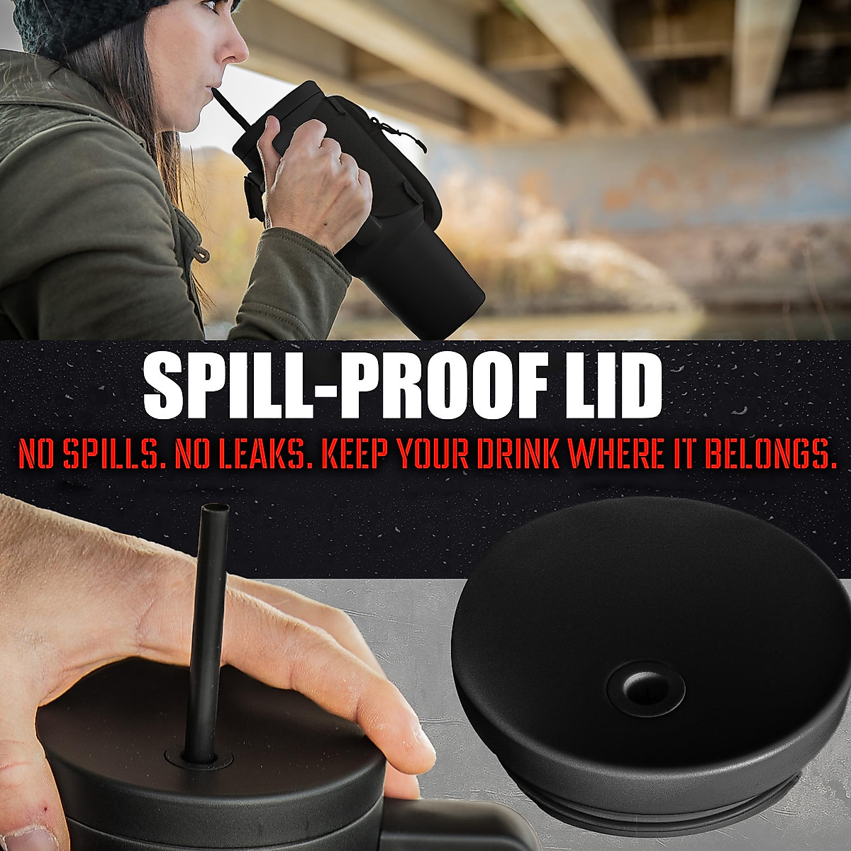 Iron Infidel Tactical Tumbler with Straw Lid - 40oz Insulated Tumbler for Men & Women that Fits Car Cup Holder with Rugged Sleeve to Store Keys, Wallet & Phone - Stealth Black