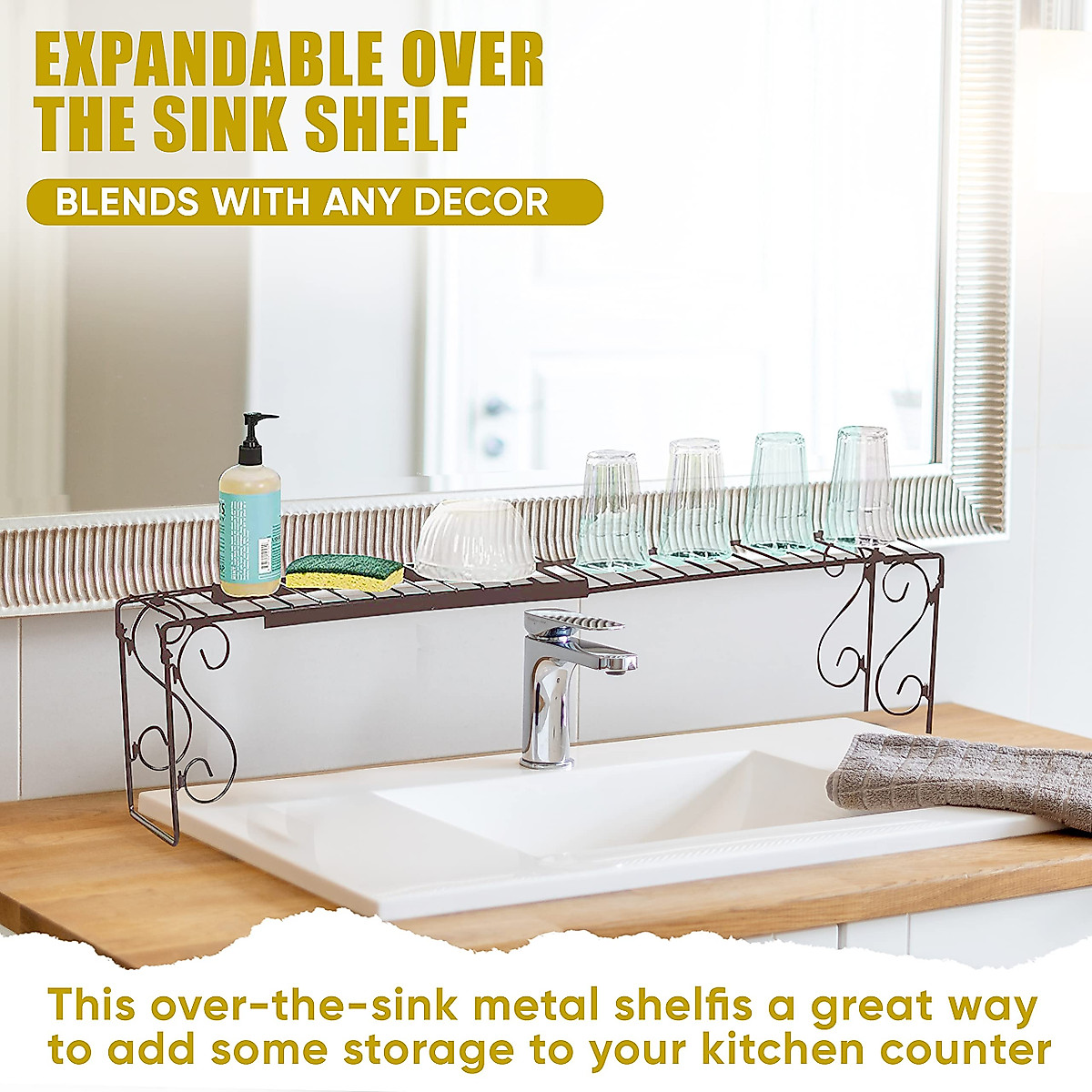 Kovot Expandable Over The Sink Shelf Extends in length from 24.5" to 40.75" | Add additional storage for soaps, cleansers, sponges and more 8.5" H x 5.75" D (Bronze)