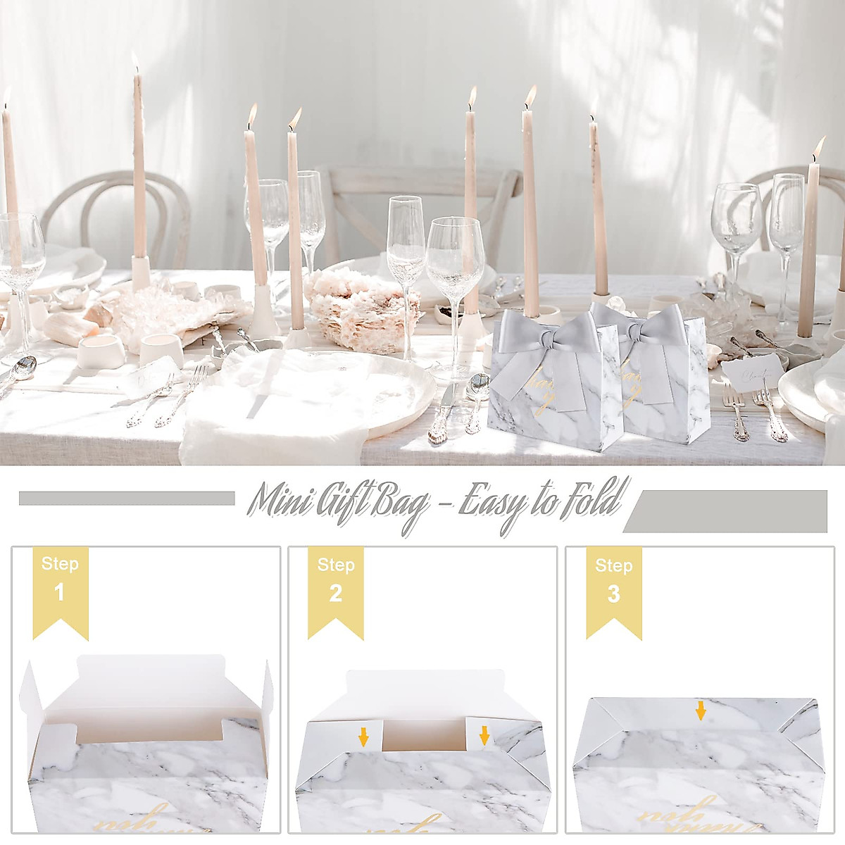 SHAIDOJIO 𝟐𝟒 𝐏𝐜𝐬 Small Thank You Gift Bags, Party Favor Bag Treat Box with Bow Ribbon, Marble Pattern Mini Paper Gift Bags Bulk for Wedding, Birthday, Bridal Shower, Baby Shower (4.5x1.8x4 Inch)