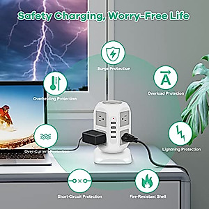 Power Strip Tower 15 ft Long Extension Cord - 8 Outlets Power Surge Protector with 4 USB Ports - Multi Plug Outlet Extender - Multiple Outlets Charging Station for Multiple Devices, Phone, Computer