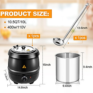 Suclain 1 Electric Soup Warmer 10.5 Quart Large Commercial Soup Kettle Warmer with 2 Ladles Stainless Steel Hinged Lid Detachable Pot Portable Electric Soup Pot for Family Gathering Restaurant