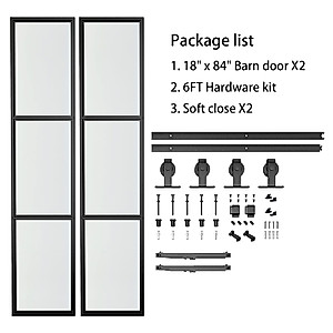 JUBEST 36 x 84 Inch Double Barn Door with 6FT Hardware Kit and Soft Close Mechanism Include, 2 Sets of 18in x 84in 3-Paneled Frosted Glass with Carbon Steel Frame Barn Door, Easy to Install