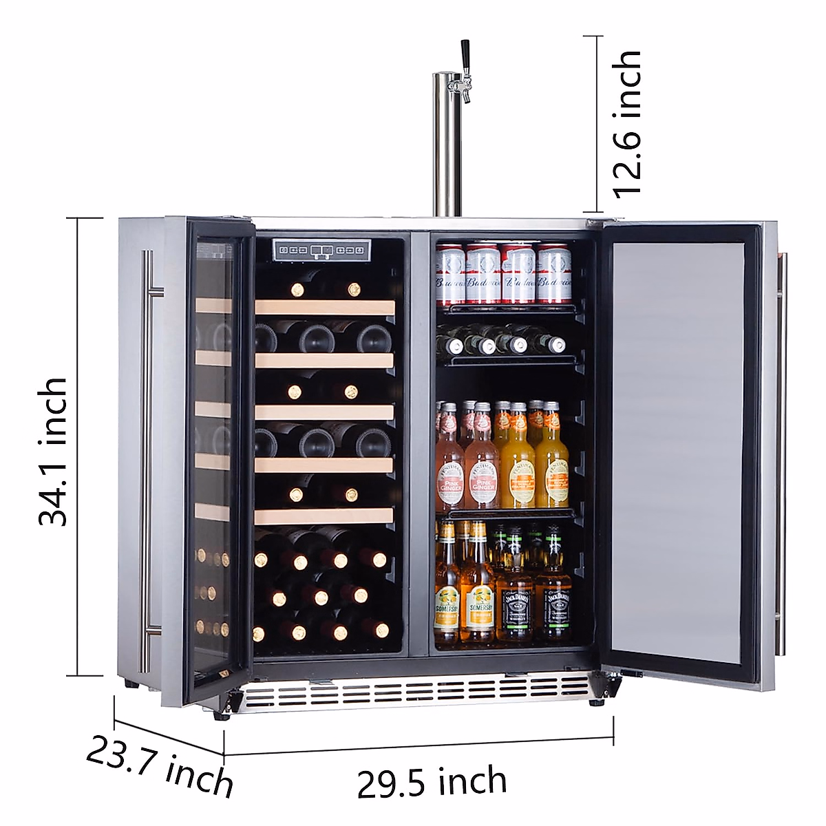 HCK Wine Cooler Fridge and Kegerator 2in1 Outdoor Refrigerator,Cellar Freestanding Refrigerator and keg fridge with tap with Digital Touch Display & Stainless Steel & Triple-Layer Tempered Glass Door