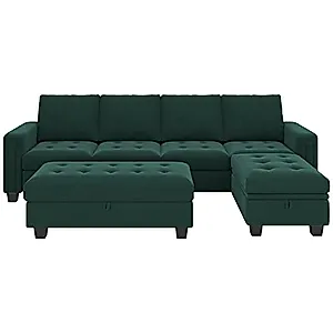 Belffin Velvet Convertible 4-Seat Sectional Sofa with Reversible Chaise L Shaped Sofa Couch Furniture Sets Sectional Couch with Storage Ottoman Green