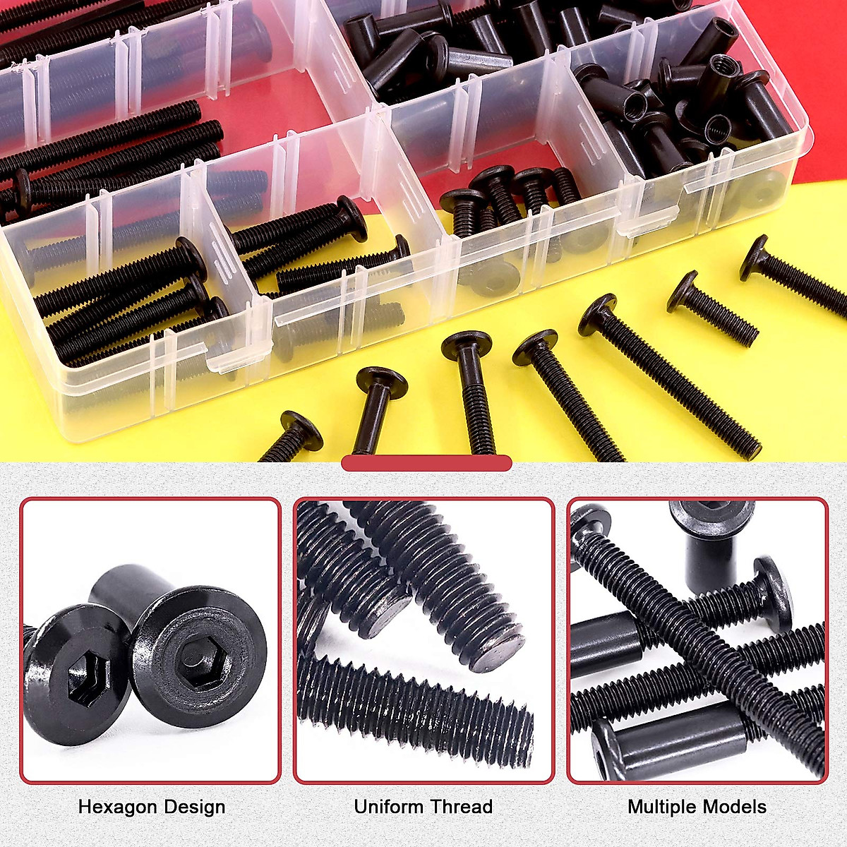 Hilitchi 84Pcs M6 Hex Drive Socket Cap Bolts Kit Countersunk Head Screws Bolts Dowel Barrel Nuts Crib Bolts Nuts Assortment Kit for Furniture Hardware Fitting (20/30/40/50/60/70/80mm)