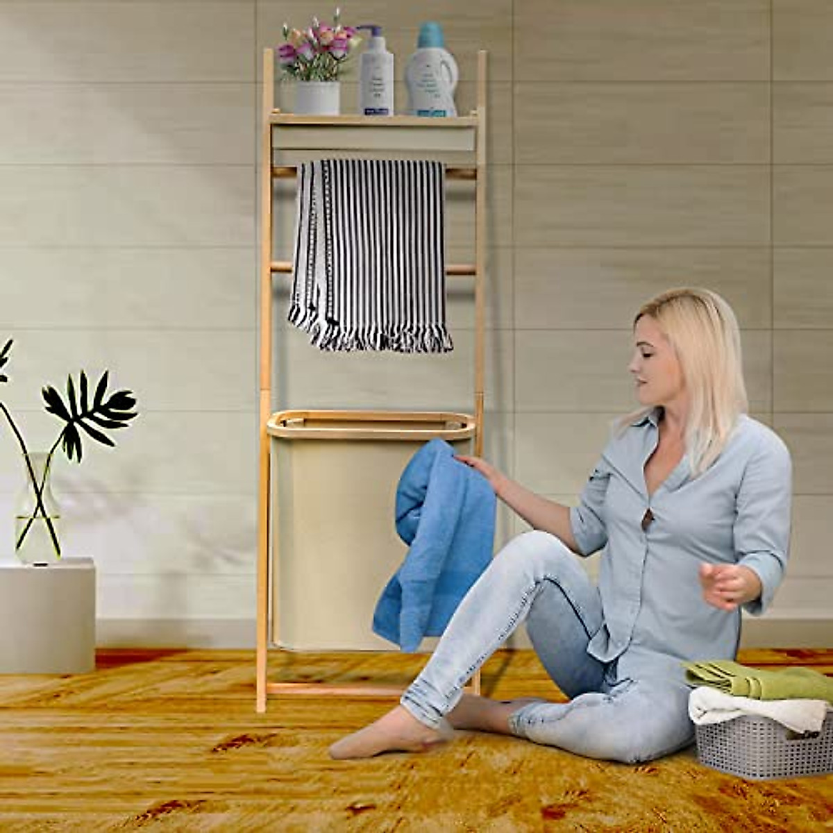 ReactDecor Wall Leaning Bathroom Ladder Shelf Hamper - 3 Tier Wooden Towel Rack Ladder Laundry Basket - Wooden Blanket Ladder Towel Rack - Wood Towel Ladder for Bathroom - Wall Leaning Ladder Shelf