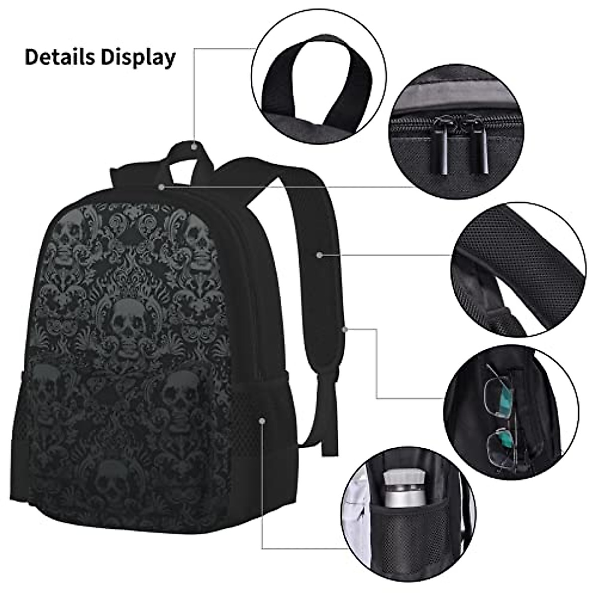 Carlonge Black Skull Gothic School Backpack for Boys Girls Teen 3 Pieces Set Cute School Bag with Lunch Bag Pencil Case, One Size