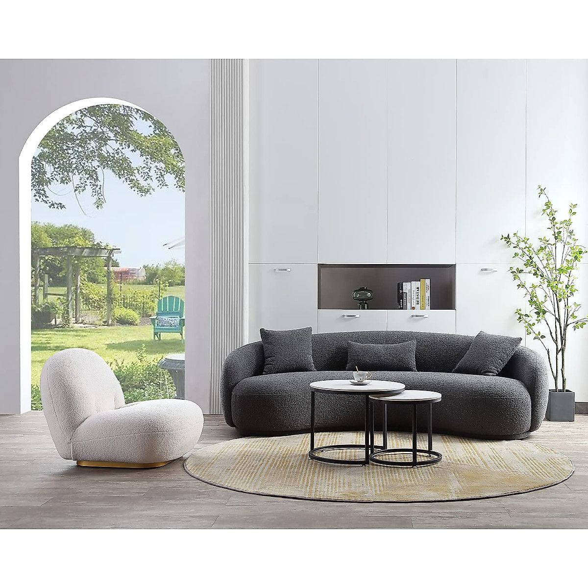 Acanva Mid Century Modern Curved Living Room Sofa, 4-Seat Boucle Fabric Couch for Bedroom, Office, Apartment, Grey