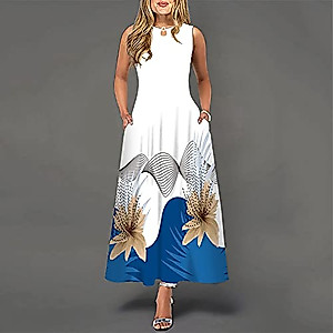 Women's Cocktail Dresses, Women's Dresses Casual Dress to Hide Tummy Sleeveless Bodycon Dresses for Women Casual Summer Printing Big Hem Dresswave Round Neck Long Dress Sun (L, Light Blue)