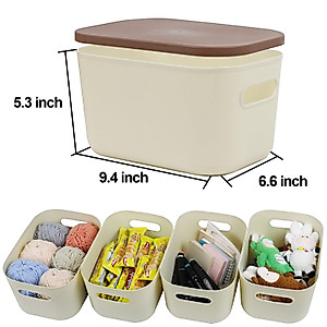 6Pcs Small Storage Bins with Lids, Stackable Plastic Organizer Bin Storage Containers for Organizing, Shelf Baskets for Pantry Cabinet Shelves Desktop Freezer Drawer Organization (Beige, Small)
