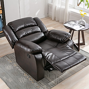ANJ Manual Recliner Chair, Breathable Faux Leather Reclining Chairs with Overstuffed Arm and Back, Living Room Single Sofa Recliners (Dark Brown)