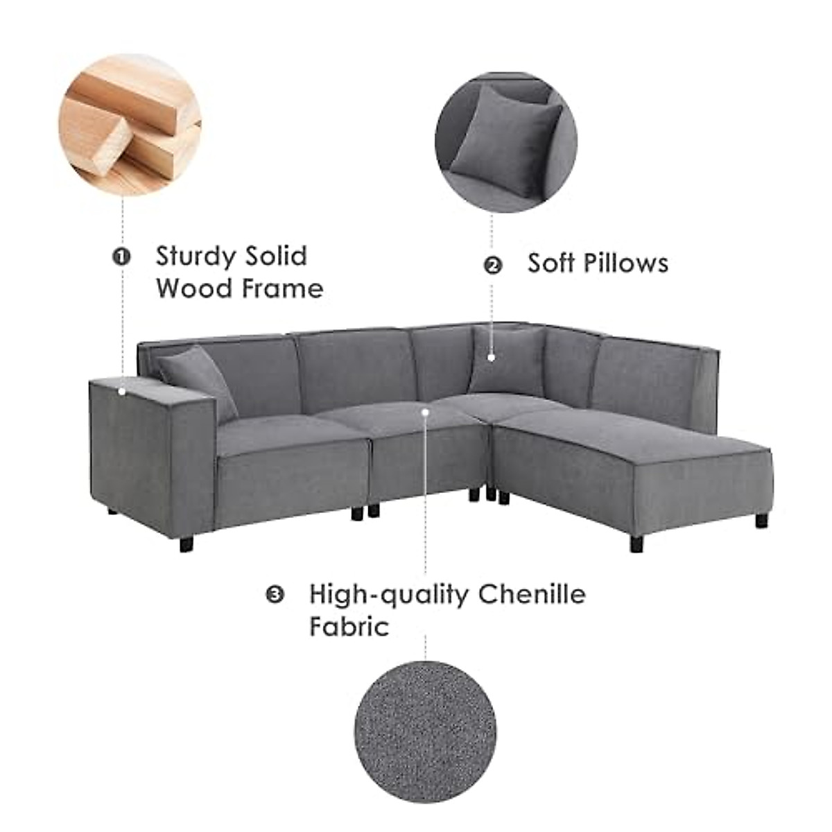 Brabrety 97 * 74" Modern Minimalist Style Sectional Sofa,L-Shaped Couch Set with 2 Free Pillows,5-seat Chenille Fabric Couch with Chaise Lounge for Living Room, Apartment, Office. (Grey#Chenille)