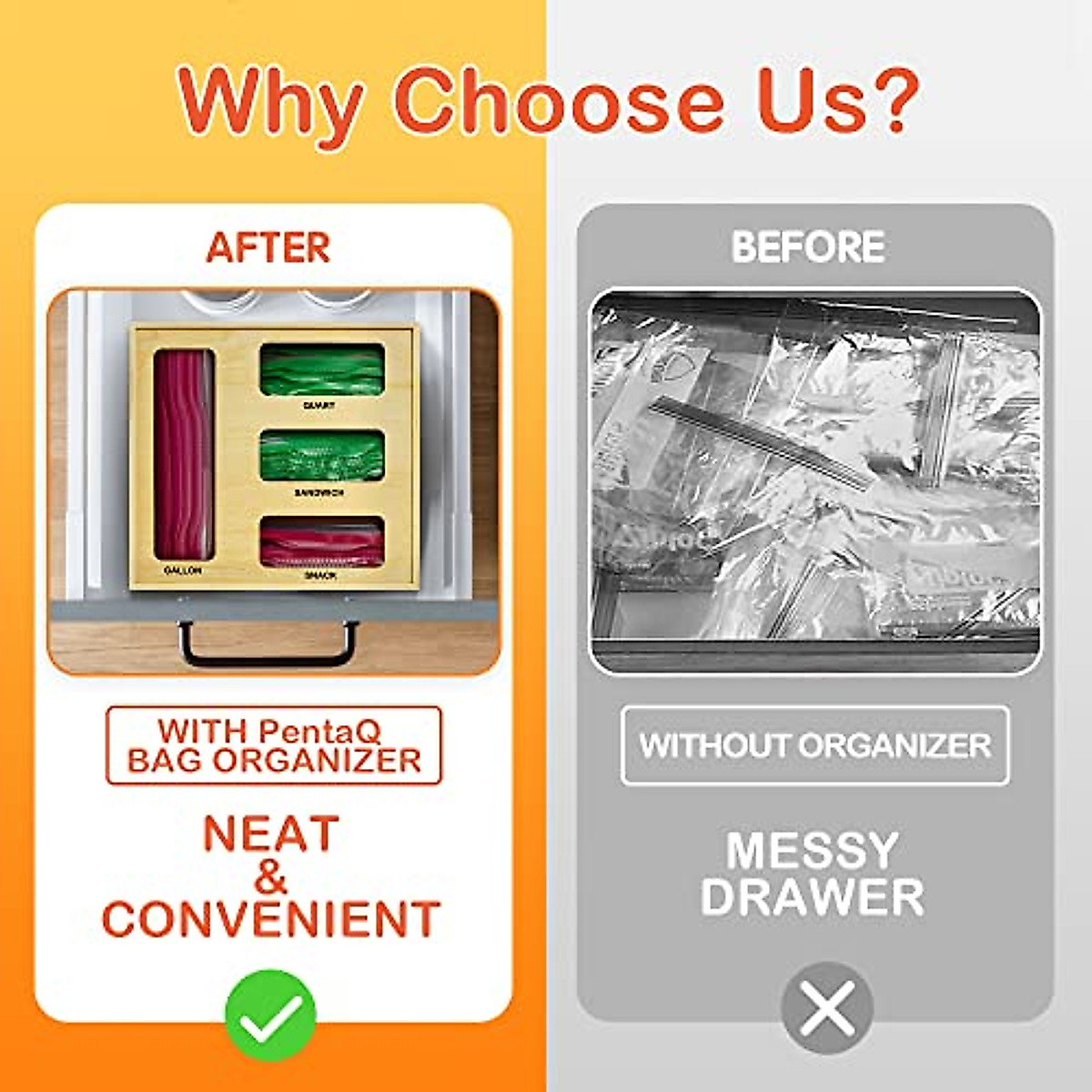 pentaQ Ziplock Bag Organizer, Food Plastic Storage Bag Holder for Kitchen Drawer, Wall Mountable Kitchen Organization and Storage for Gallon, Quart, Sandwich and Snack Variety Size Bag (Natural)