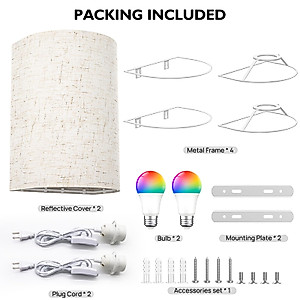 Lenarinter Wall Lamp with Plug in Cord Set of 2, Battery Operated Wall Sconces with RGB Smart Bulb & Switch Control, Linen Fabric Shade, Indoor Wall Lights for Bedroom Living Room Hallway