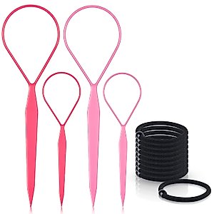 TsMADDTs Topsy Tail Hair Tools, 4 Pcs Hair Loop Styling Tool, Pink, 10pcs Hair Ties