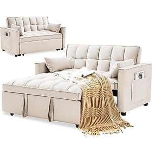 SPOWAY 3 in 1 Sleeper Sofa Couch Bed, Velvet Convertible Loveseat Sleeper Sofa with 3 Level Adjustable Backrest, Storage Pockets, Toss Pillows, Pull Out Loveseat Sleeper for Living Room, Beige