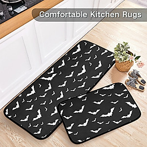 Krafig Halloween with Bats Kitchen Rug Set of 2, Washable Non-Slip Anti Fatigue Distressed Comfort Memory Foam Rubber Backing Rug for Kitchen Floor Living Room Bedroom Bathroom Laundry Room