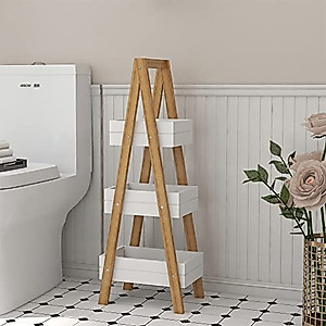 Bathroom Shelving Storage Rack with 3 Wooden Baskets White Mid-Century Modern Bamboo