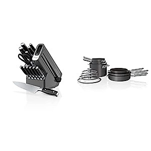 Ninja K32014 Foodi NeverDull Premium Knife System, 14 Piece Set, Stainless Steel/Black & C59500 Foodi NeverStick Premium 10-Piece Cookware Set, Anti-Scratch Nesting Pots & Pans, Slate Grey