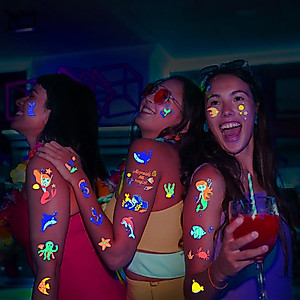 Mermaid Glow in the Dark Tattoos for Kids, 300+ Designs UV Neon Fake Temporary Tattoo, Ocean Creatures & Animal, Latest 6 Luminous Colors Stickers Party Supplies