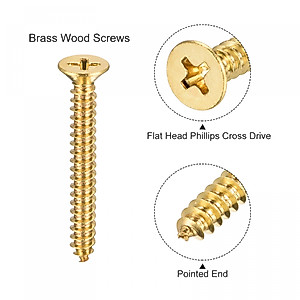 uxcell Brass Wood Screws, M5x40mm Phillips Flat Head Self Tapping Connector for Door Hinges, Wooden Furniture, Home Appliances 32Pcs