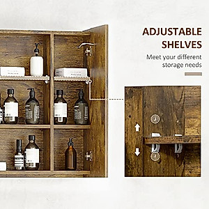 kleankin 27.5 Inch x 25.5 Inch LED Lighted Medicine Cabinet with Mirror, Wall Mounted Dimmable Bathroom Cabinet with 3-Tier Storage Shelves, Smart Touch, and USB Charge, Dark Wood Grain