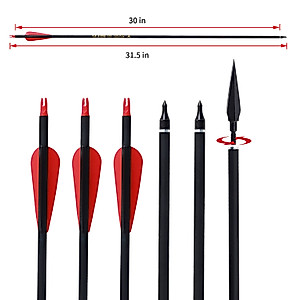 SOPOGER Archery 30inch Carbon Arrows 12 Pack and 6 Pack Hunting Broadhead Set Archery Arrow for Compound Bow & Recurve Bow Spine 500 Hunting Arrow with Removeable Tips Practice Target Shooting (Red)