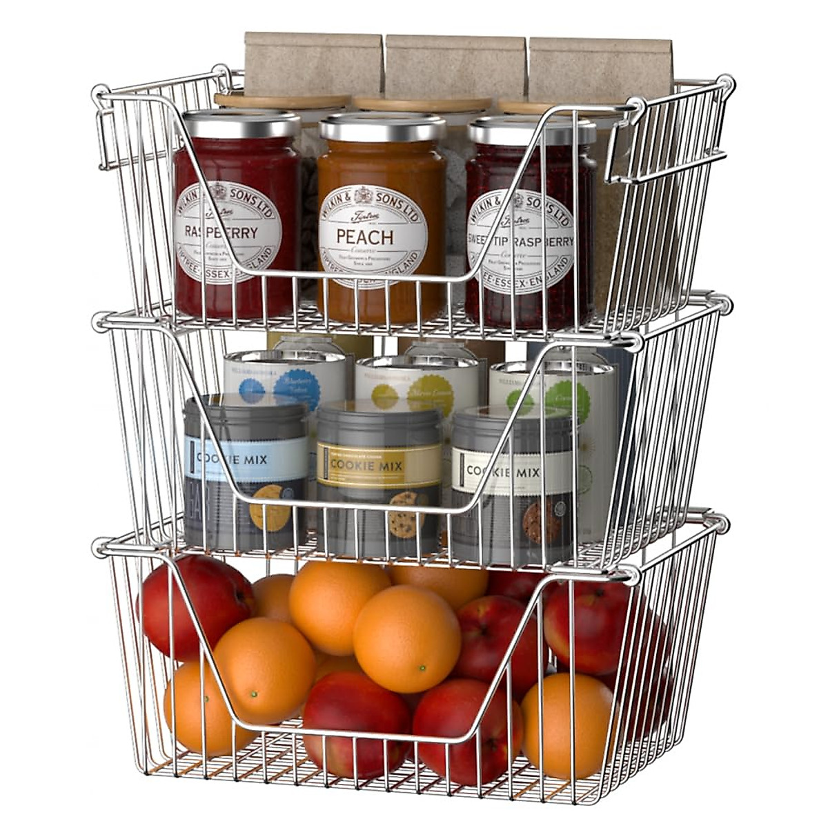 Slideep Large Stackable Storage Baskets Cabinet Organizer Sturdy Metal Wire Pantry Freezer Bin for Pantry Home Bathroom Kitchen Organization 3 Packs