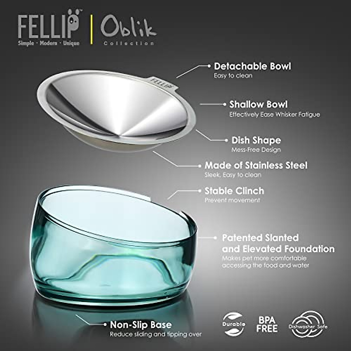 Felli Pet Oblik Whisker Fatigue Friendly Raised Cat Food Bowl Stainless Steel, Anti Vomiting Tilted Shallow Dish Easy Clean, Slanted Flat Metal Feeder Elevated Angled Spill Proof (0.5Cups, Classic)