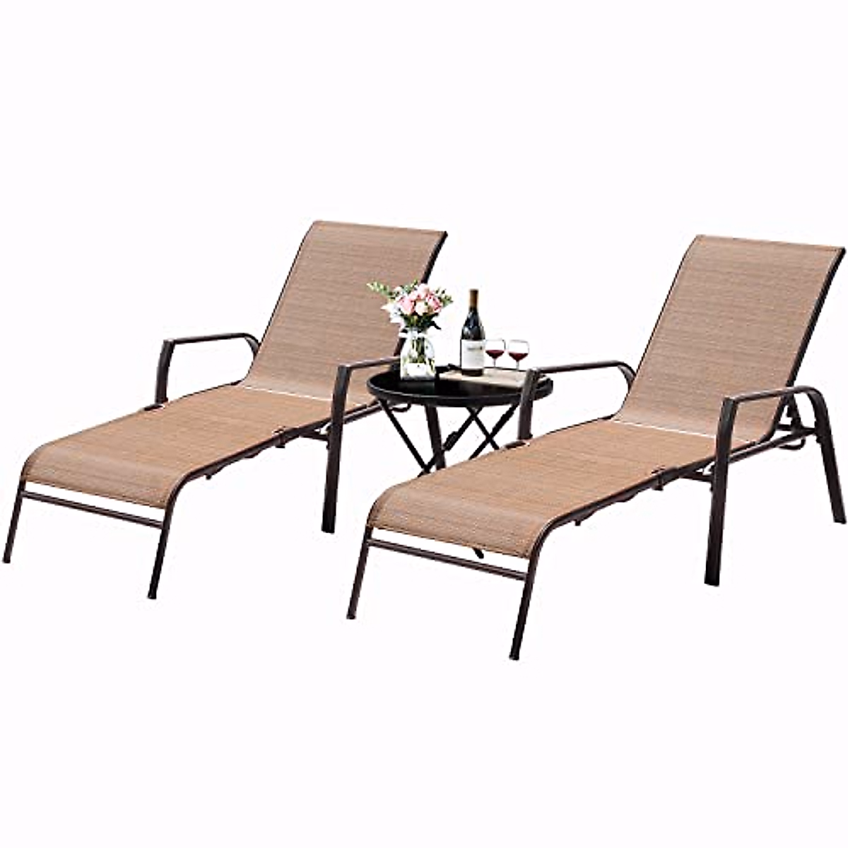 Flamaker Adjustable Patio Chaise Lounge Set 3 Pieces Textiline Outdoor Foldable Metal Reclining Chairs with Sturdy Glass Top Bistro Table for Beach, Poolside, Backyard, Porch (Beige)