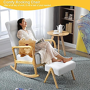 HOMREST Glider Chair with Ottoman,High Backrest for Nursery, Upholstered Fabric Indoor Rocking Armchair with Lumbar Pillow for Living Baby Room(White)