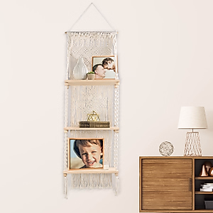 Creekview Home Emporium Hanging Plant Shelf Indoor Boho Decor - 3 Tier Macrame Shelf Wall Hanging Decor - Rope Boho Wall Art Wooden Floating Bookshelf for Kitchen, Bathroom or Bedroom