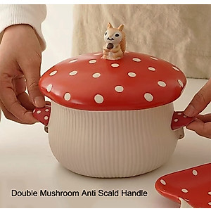 RESVUGA Large Soup Bowl, Double Mushroom Handle & Mushroom Lid - Safety Matt Ceramics 32oz Noodles Bowls, Use for Stew, Salad, Porridge & More.