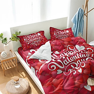 4 Pieces Queen Size Duvet Cover Bedding Sets Happy Valentine's Day Soft Bedspread Flat Sheet Decorative Pillowcases Funny Text on Red Love Heart Backdrop for Bedroom