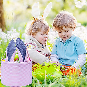 Easter Bunny Basket Seersucker Egg Bags for Kids,Personalized Candy Egg Basket Rabbit Print Buckets with Fluffy Tail Gifts Bags for Easter（Seersucker Pink）……