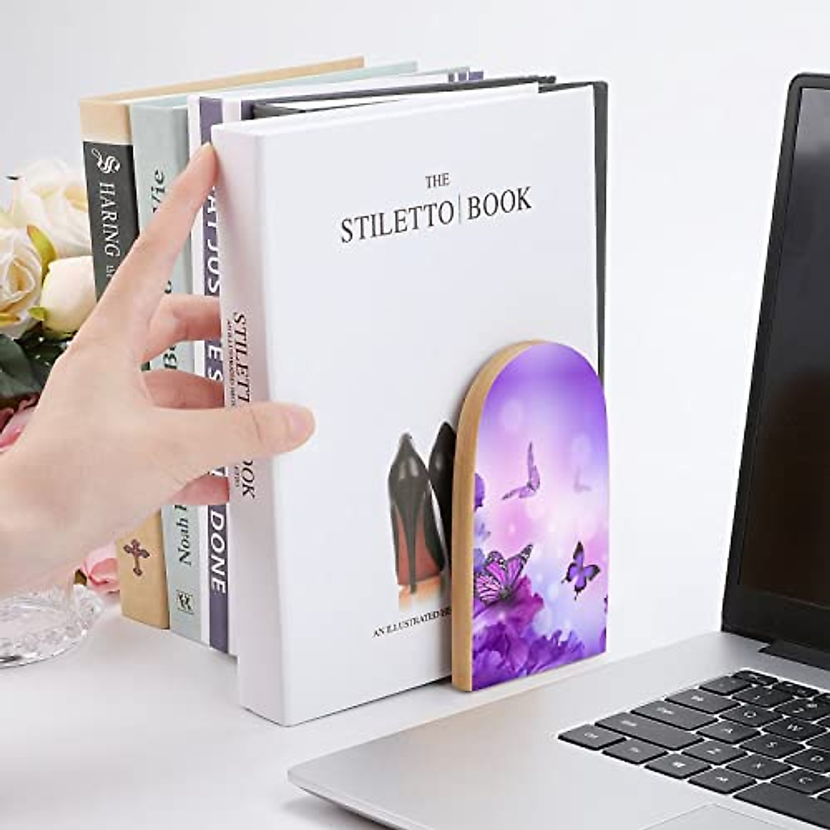 Hon-Lally Butterfly on Purple Flowers Pattern Wood Bookends Decorative Bookend Non-Skid Office Book Stand for Books Office Files Magazine